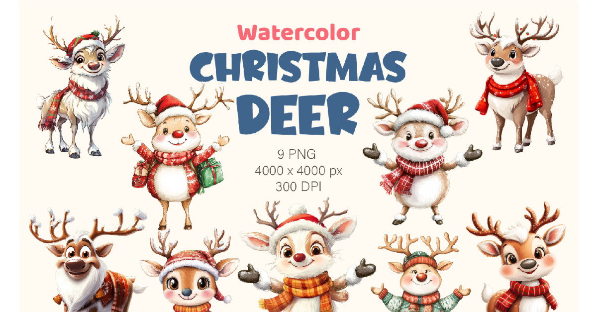 Christmas Deer. Watercolor PNG. #463378 - TemplateMonster