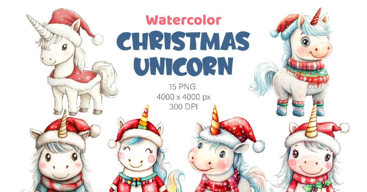 Licornes de Noël. Aquarelle PNG. #463301 - TemplateMonster