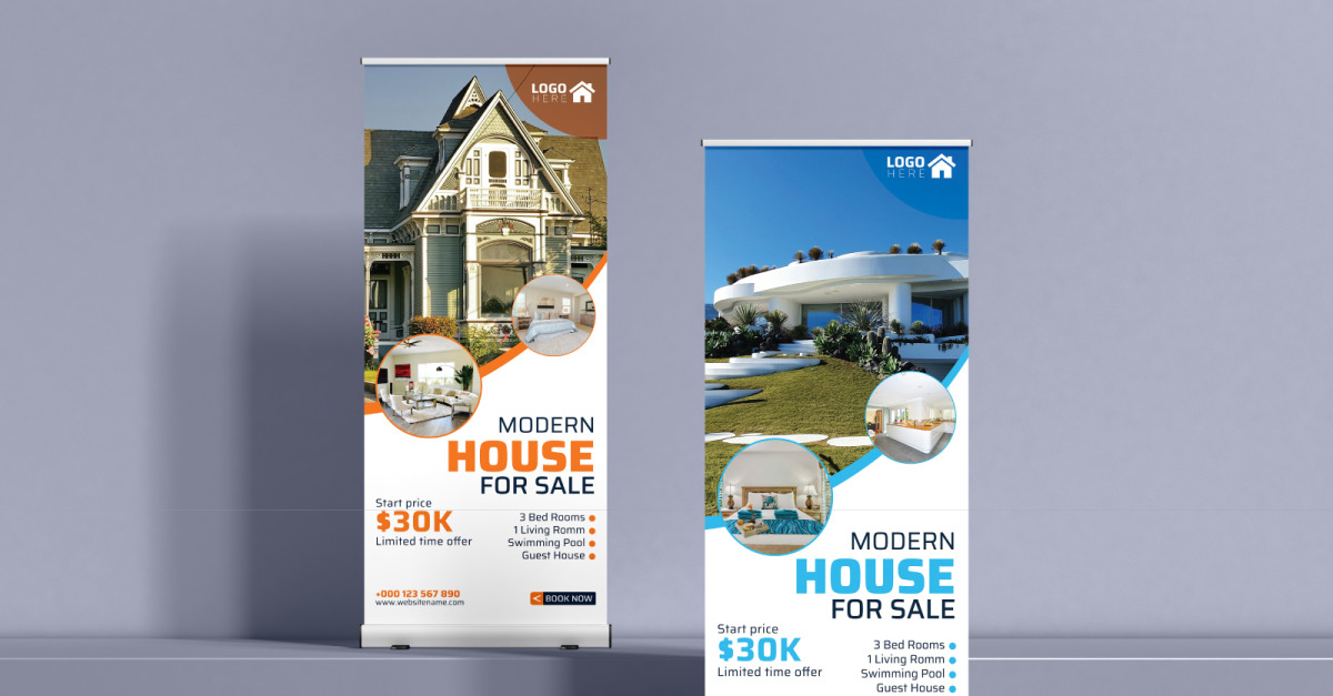 Banners para roll-ups que presentan casas y estructuras inmobiliarias