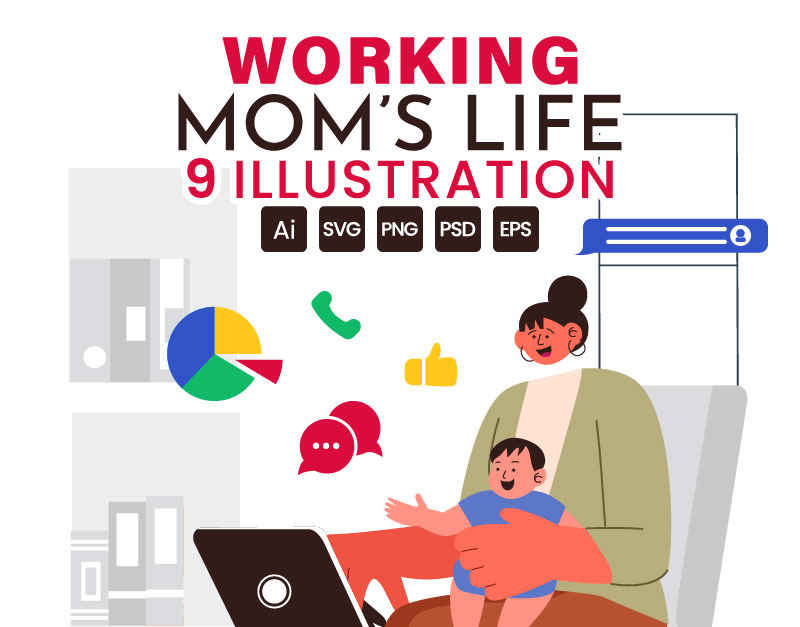 9 Working Mom's Life Illustration #469931 - TemplateMonster