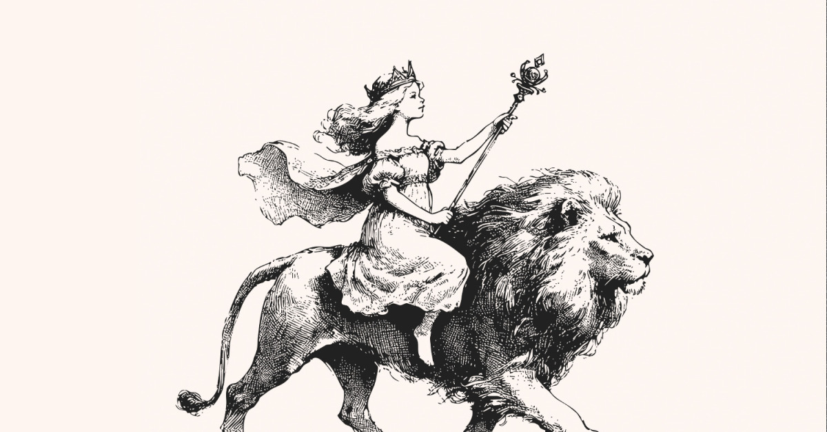 Vintage Queen Riding Lion Illustration - Regal Artwork, Black and White ...
