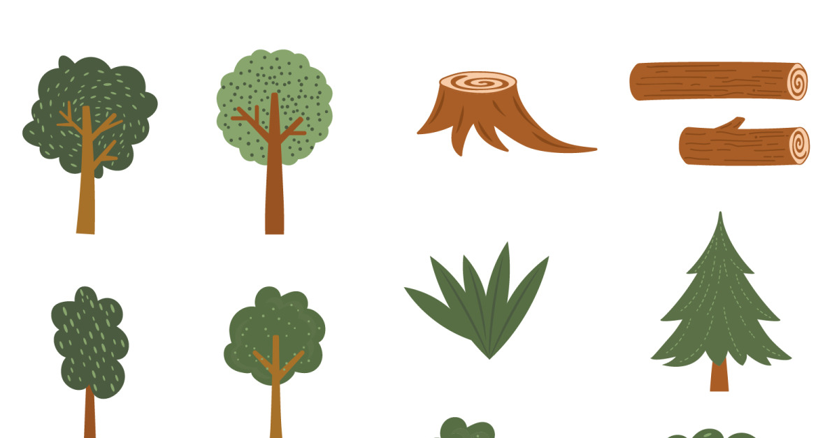 Set of cartoon forest trees. Simple vector set of green trees and ...
