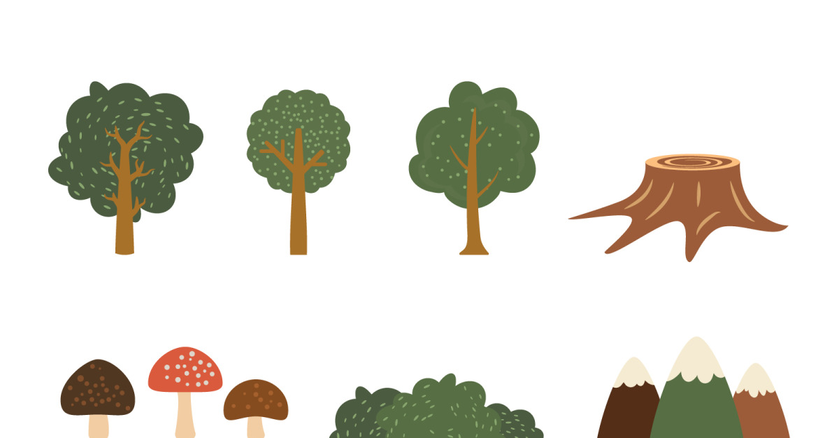 Set of cartoon forest trees. Simple vector set of green trees and ...