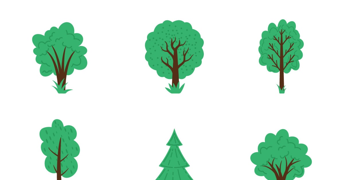 Set of cartoon forest trees. Simple vector set of green trees and ...