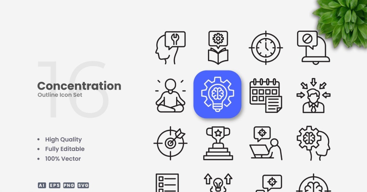 16 Concentration Outline Icon Set #490861 - TemplateMonster