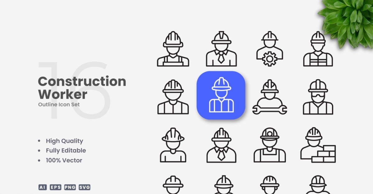 16 Construction Worker Outline Icon Set - TemplateMonster