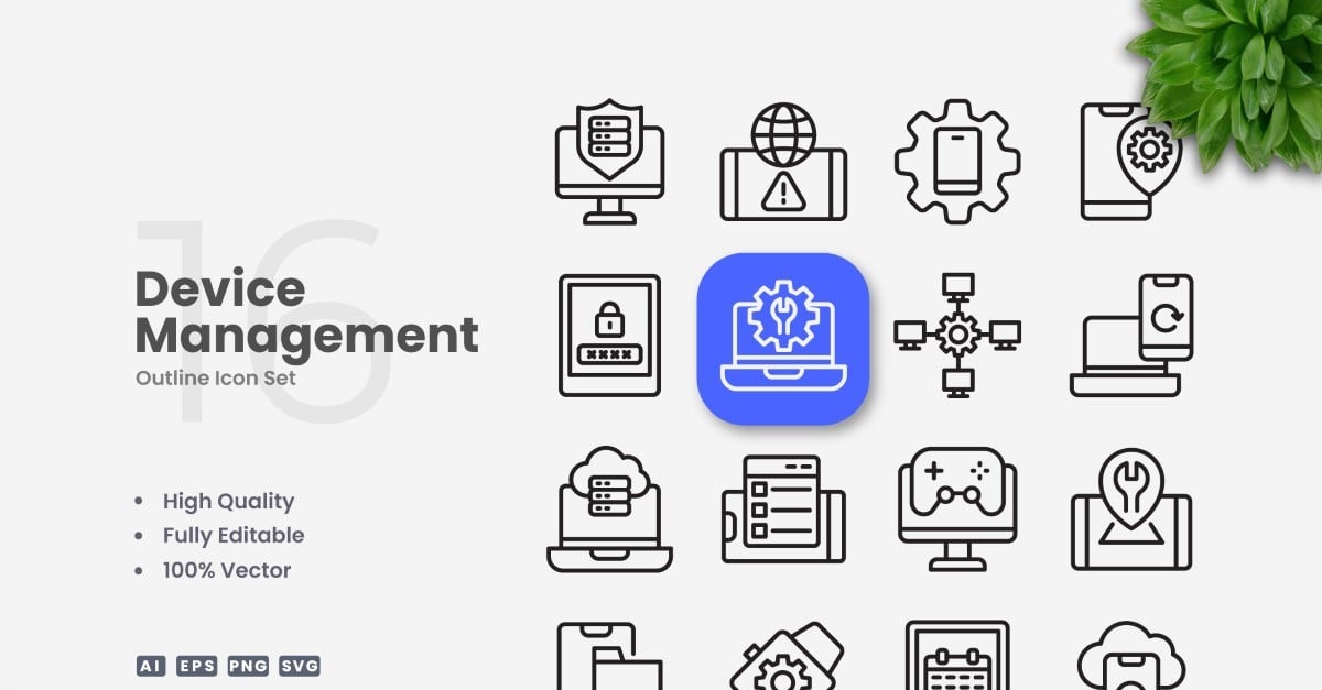 16 Device Management Outline Icon Set - TemplateMonster