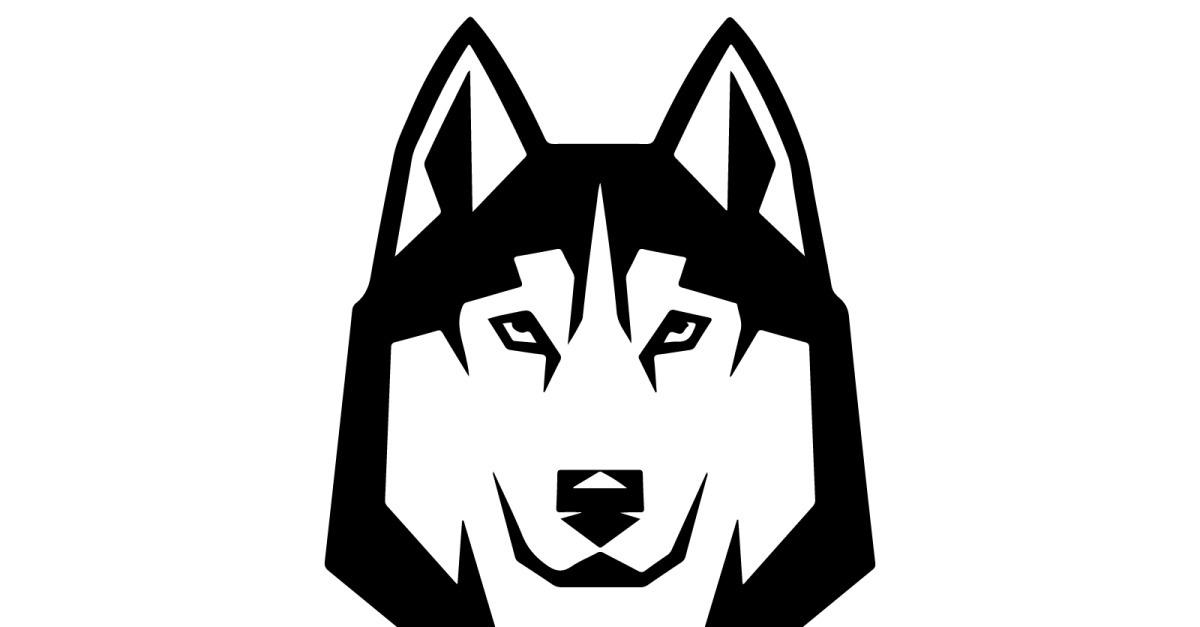 A logo design of a shield shaped Siberian husky