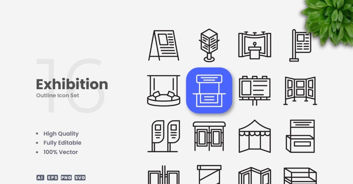 16 Exhibition Outline Icon Set #494013 - TemplateMonster