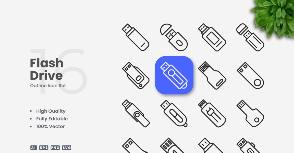 16 Flash Drive Outline Icon Set #494162 - TemplateMonster