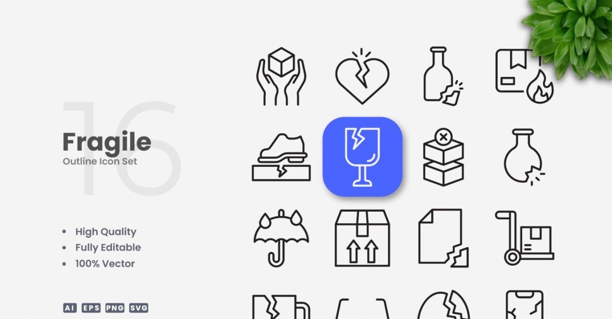16 Fragile Outline Icon Set #494249 - TemplateMonster