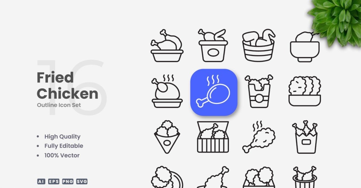 16 Fried Chicken Outline Icon Set #494256 - TemplateMonster