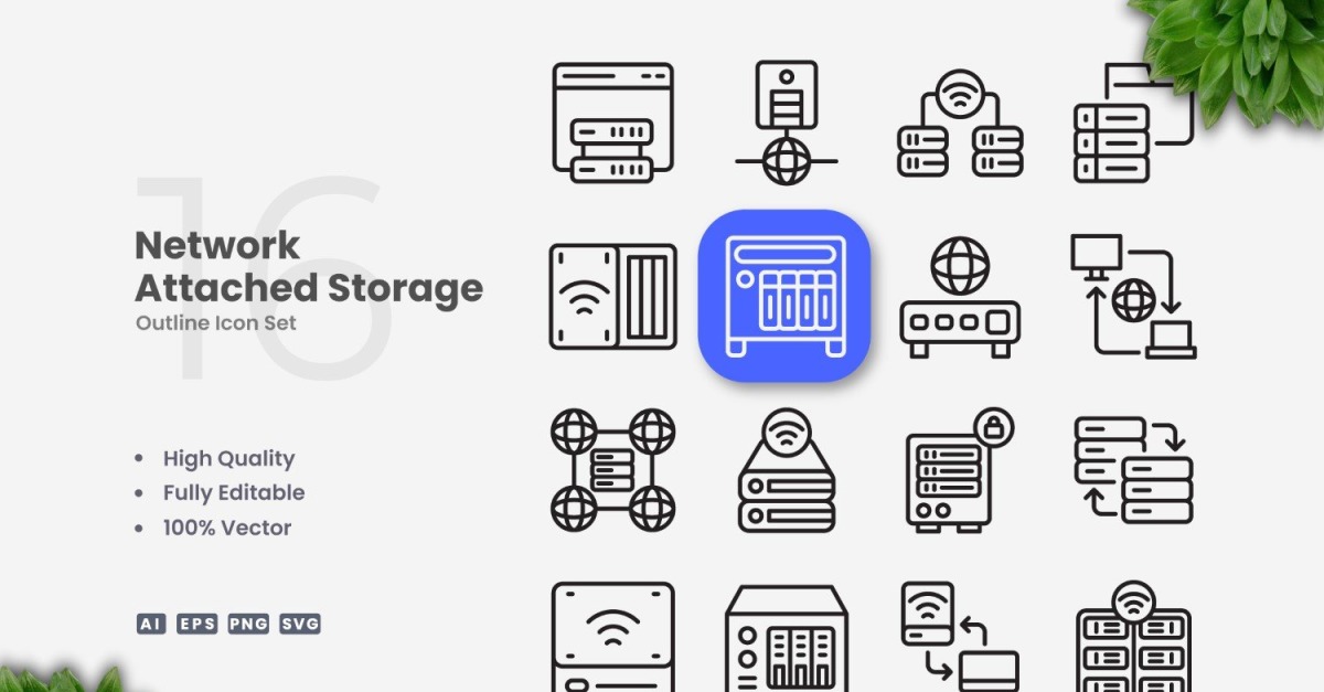 16 Network Attached Storage Outline Icon Set