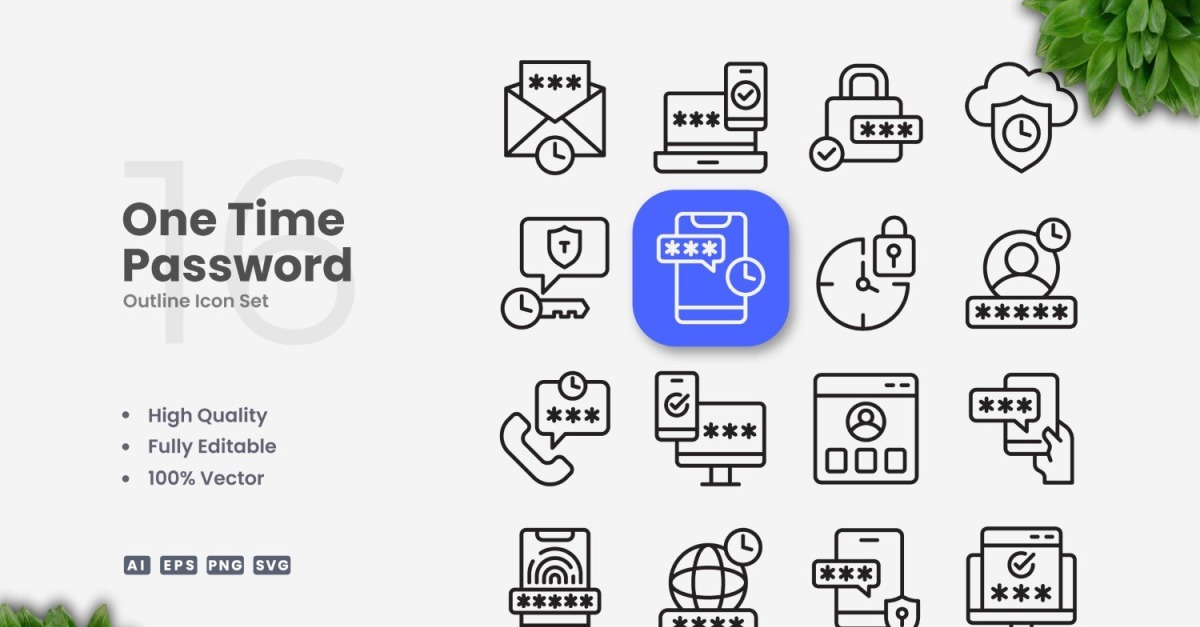 16 One Time Password Outline Icon Set - TemplateMonster
