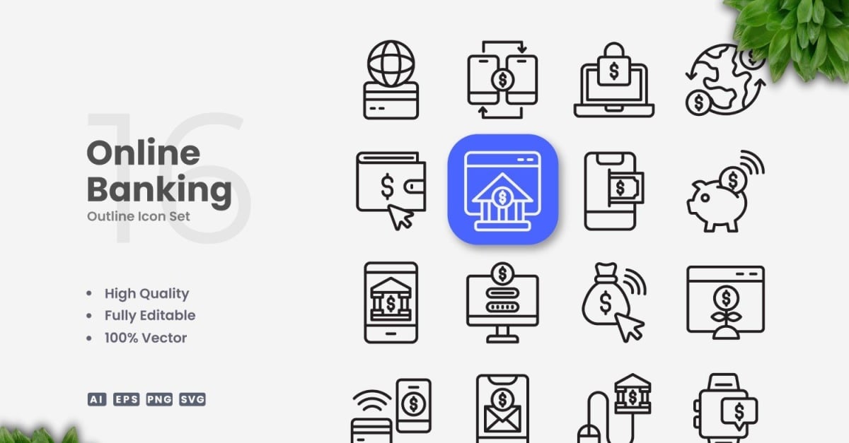 16 Online Banking Outline Icon Set #495995 - TemplateMonster