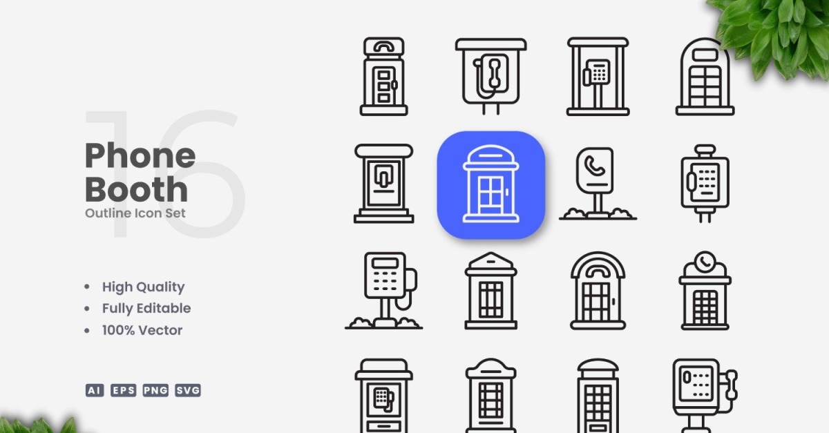 16 Phone Booth Outline Icon Set #496476 - TemplateMonster
