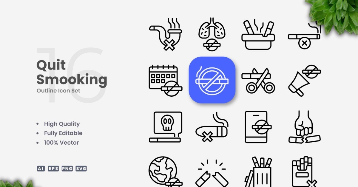 16 Quit Smoking Outline Icon Set #496690 - TemplateMonster