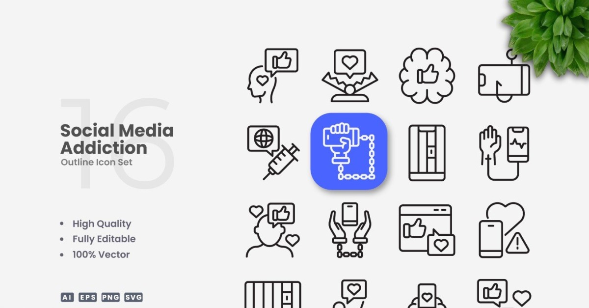 16 Social Media Addiction Outline Icon Set - TemplateMonster