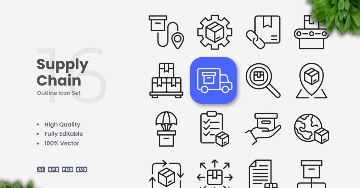 16 Supply Chain Outline Icon Set #497119 - TemplateMonster