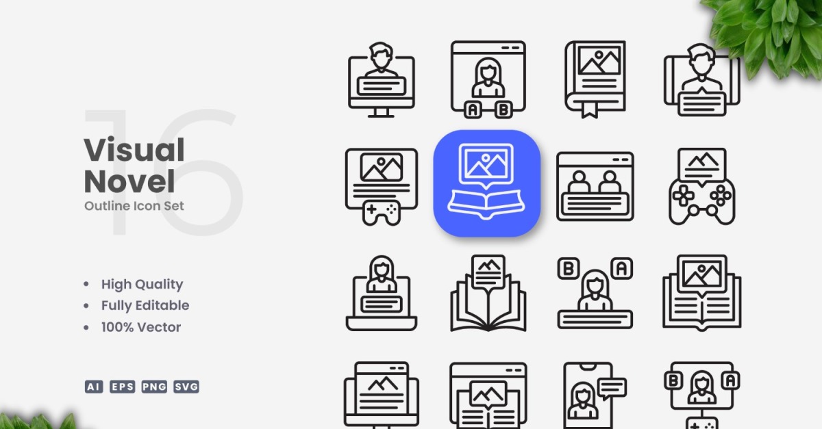 16 Visual Novel Outline Icon Set #497614 - TemplateMonster