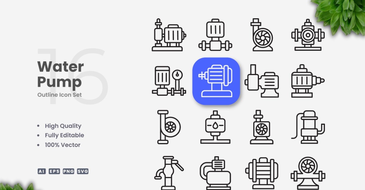 16 Water Pump Outline Icon Set #497646 - TemplateMonster