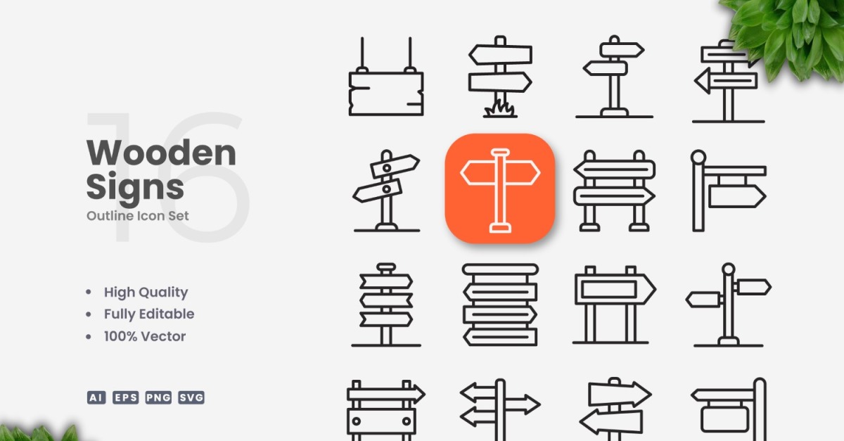 16 Wooden Signs Outline Icon Set #497756 - TemplateMonster