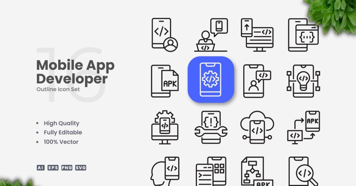 16 Mobile App Developer Outline Icon Set - TemplateMonster