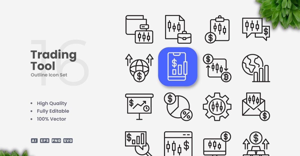 16 Trading Tool Outline Icon Set #498605 - TemplateMonster
