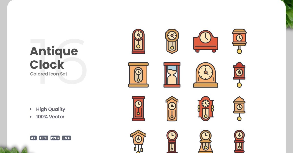 16 Antique Clock Color Icon Set #500338 - TemplateMonster