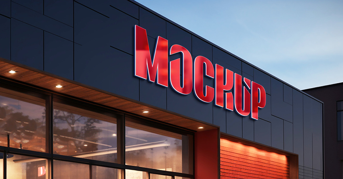 Realistic glossy red 3d logo mockup on facade sign