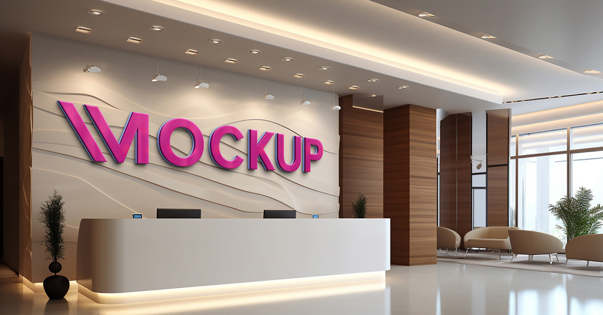 Office counter logo mockup on brown wall - TemplateMonster