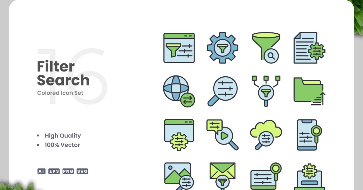 Conjunto de colores de iconos de búsqueda de filtros de 16