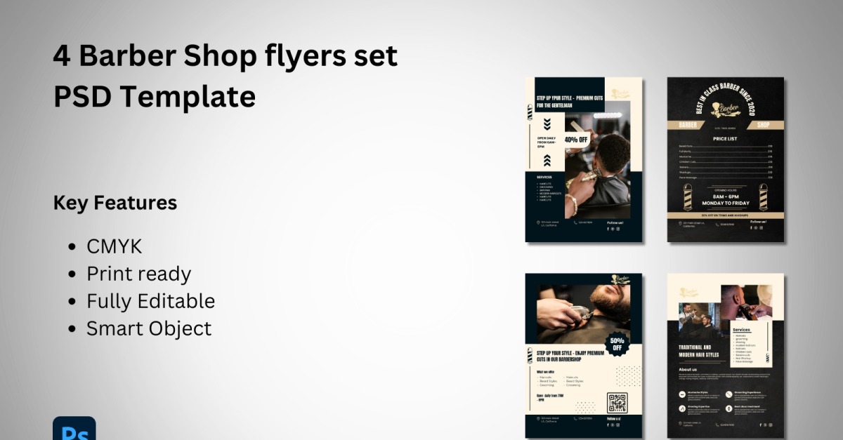4 Barber shop flyers set PSD Template - TemplateMonster