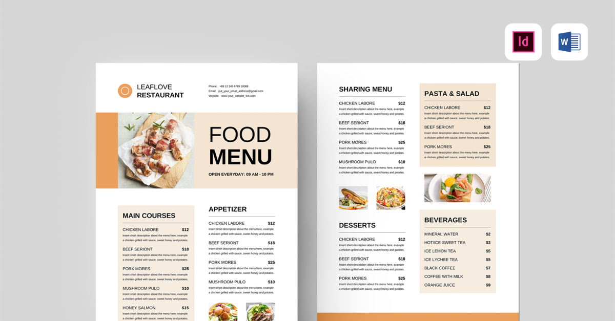 Food Menu Template | Microsoft Word & Adobe Indesign