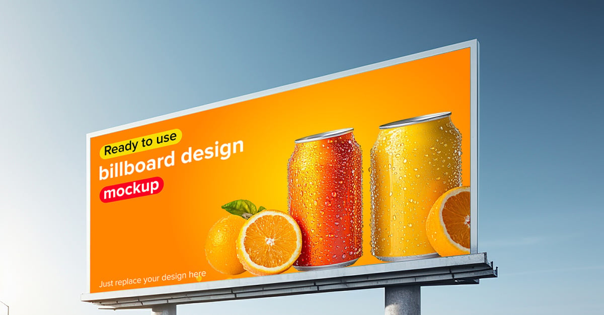 Billboard Mockup with Orange Juice Cans and Oranges Large Billboard Mockup