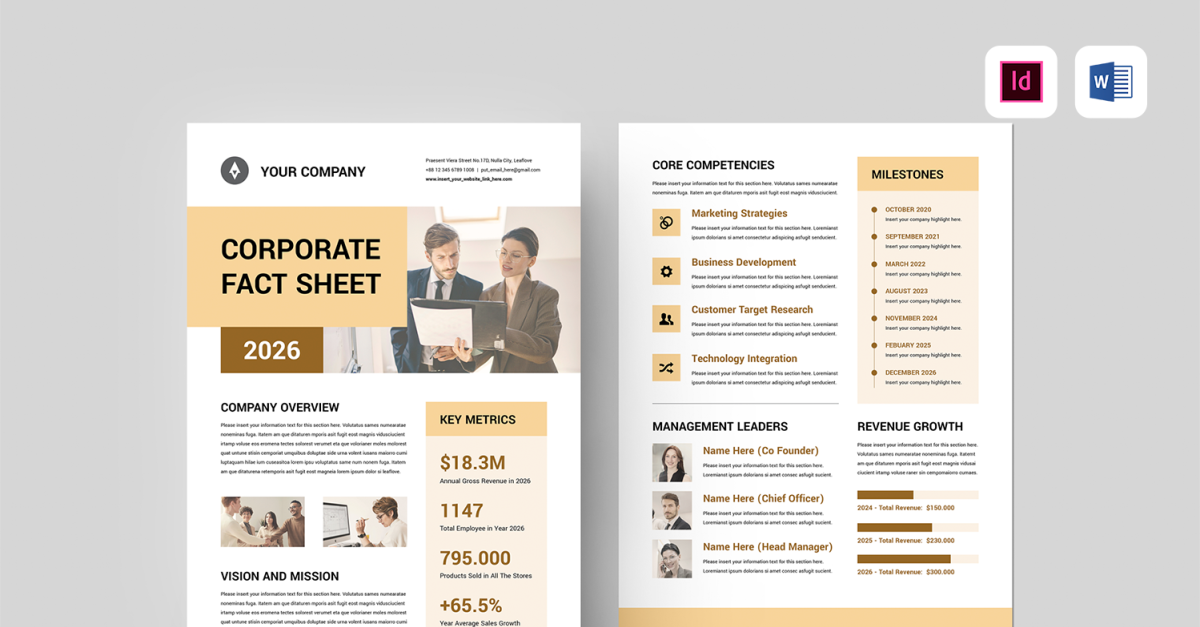 Corporate Fact Sheet | Microsoft Word & Adobe Indesign