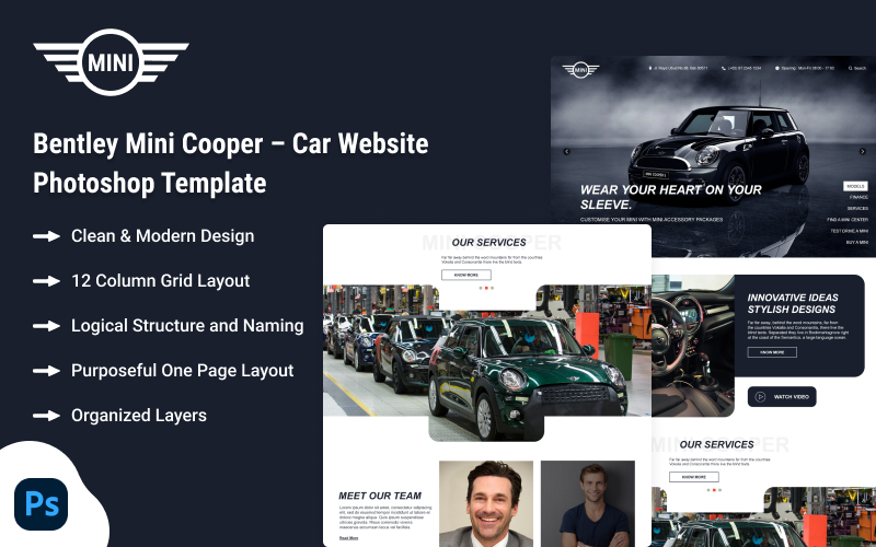 Bentley Mini Cooper: Plantilla de Photoshop para sitio web de coches