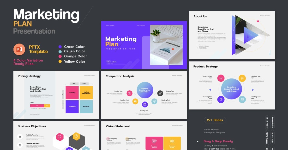 Professioneller Marketingplan für PowerPoint – Klares Design mit Akzenten und farbenfrohem Layout