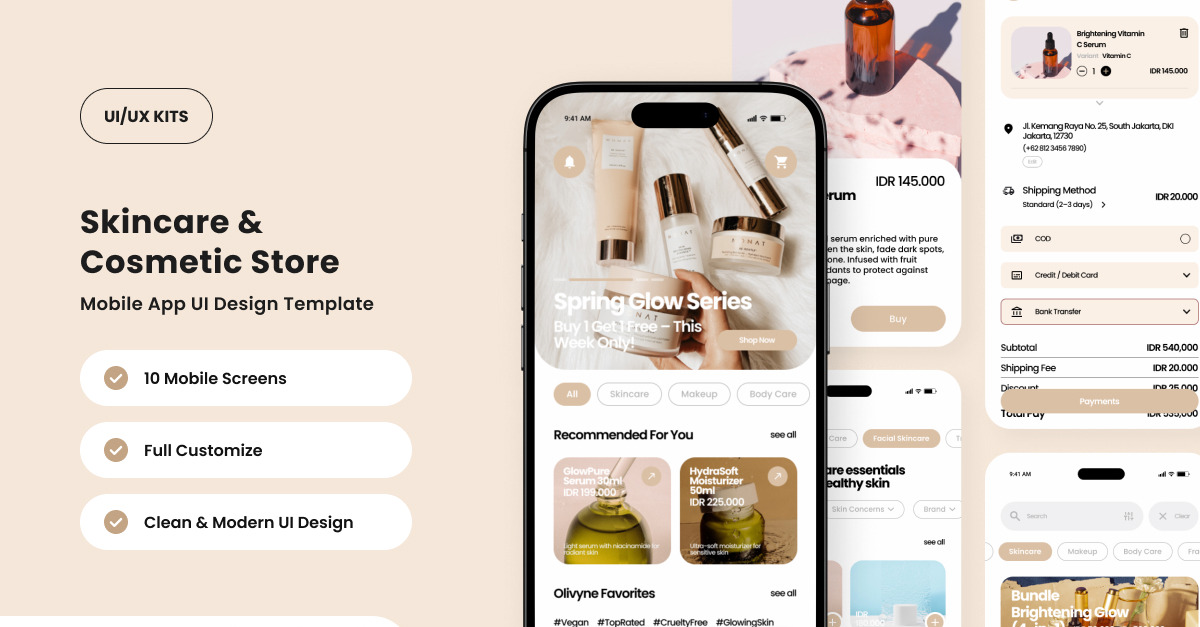 Olivyne – Cosmetic Shop Mobile App UI Design Template