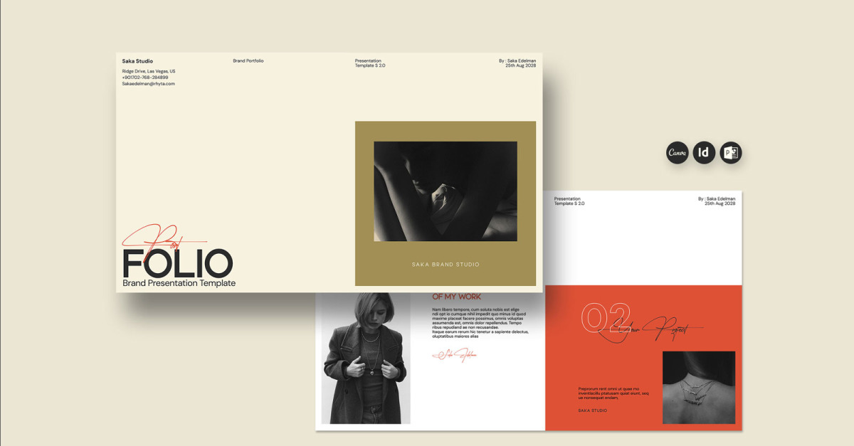 Plantilla de InDesign para portafolio de marca Saka