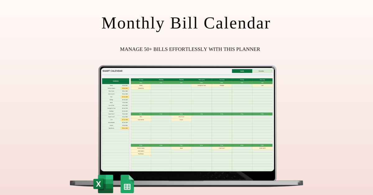 Monthly Bill Calendar Spreadsheet Template Excel and Google Sheets