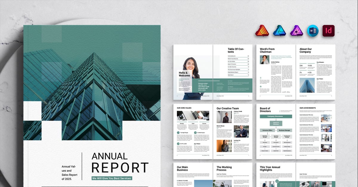 Annual Report Template for InDesign, MS Word, Affinity Suites