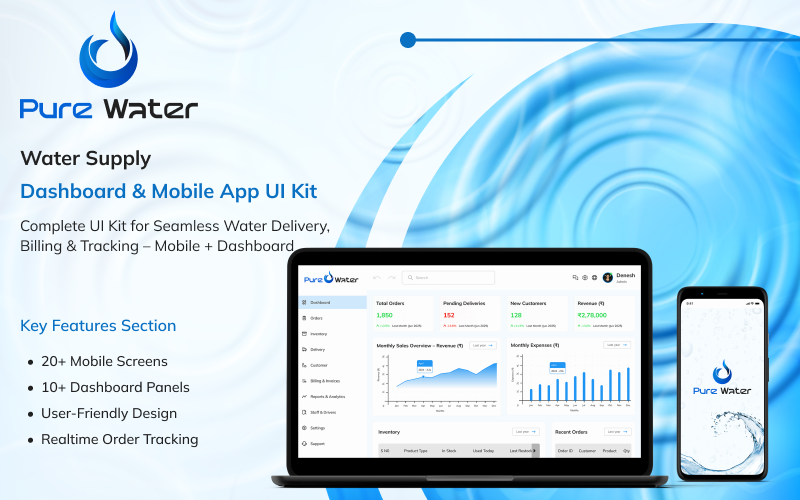 Pure Water – Water Supply Dashboard and Mobile App UI Template