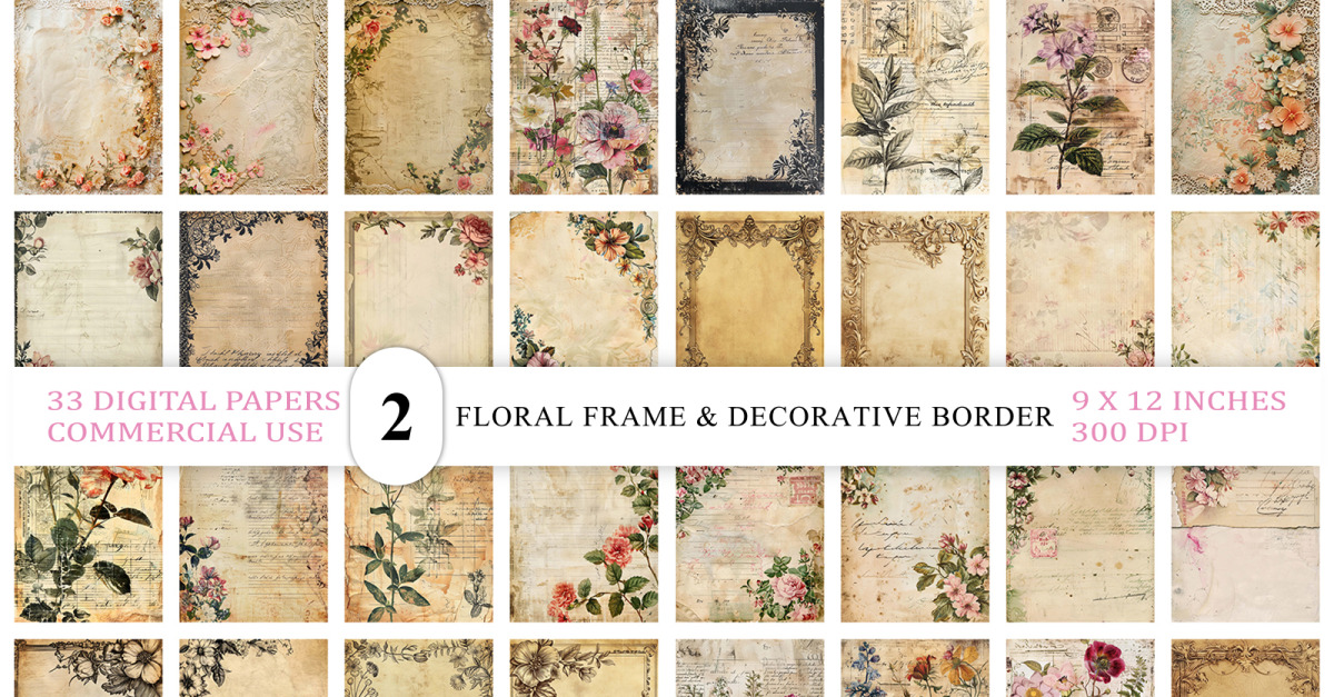 Vintage Botanical Border Background Romantic Floral Frame Digital Paper ...