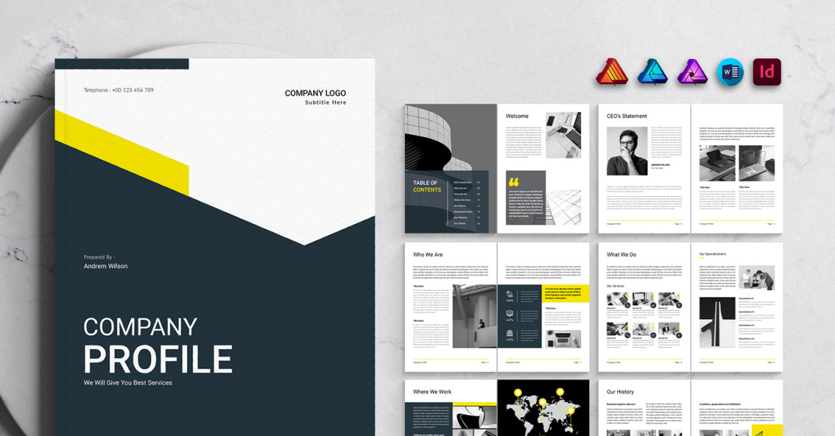 Company Profile Template for MS Word, InDesign, Affinity Suites