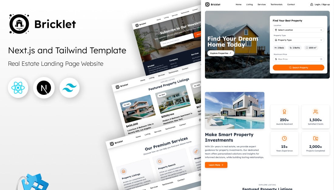 Bricklet - Free Real Estate agency Next.js and Tailwind CSS Landing ...