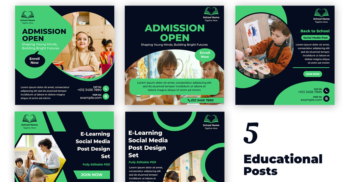 Educational Social Media Post Bundle | 5 Modern Editable PSD Templates ...