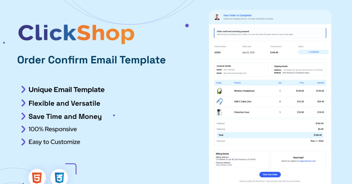 ClickShop - Modello di email di conferma dell'ordine.