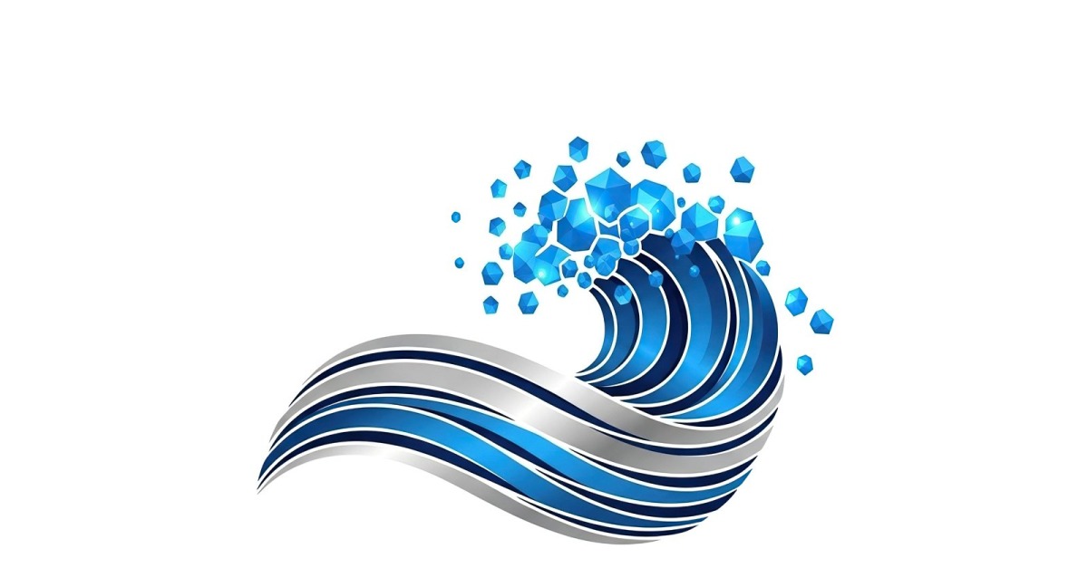 Stylized blue and silver wave logo with splashing water droplet element ...