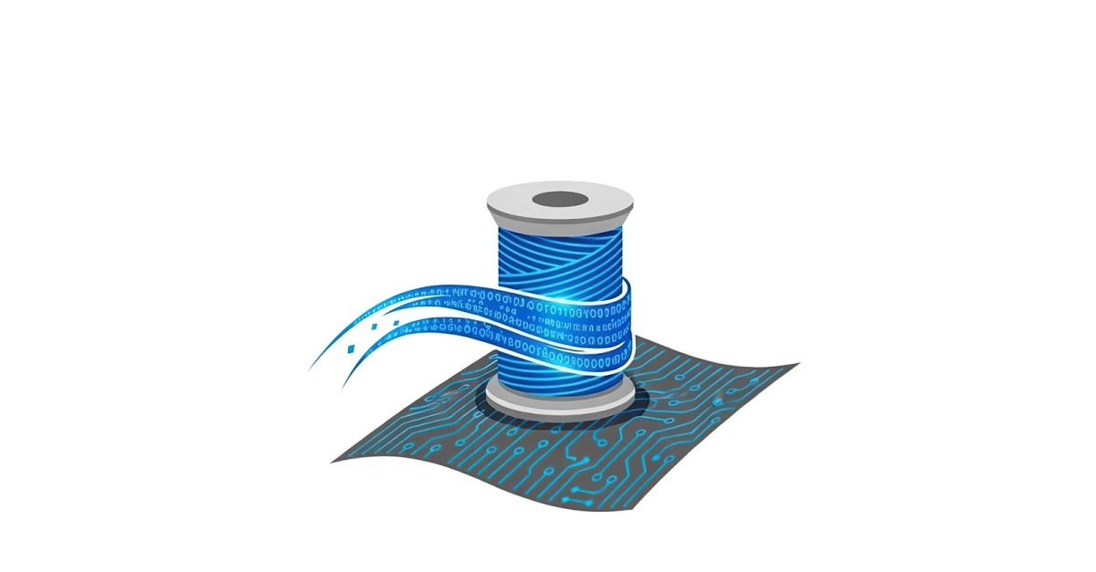 Digital data stream spooling onto a circuit board textile as threads of ...
